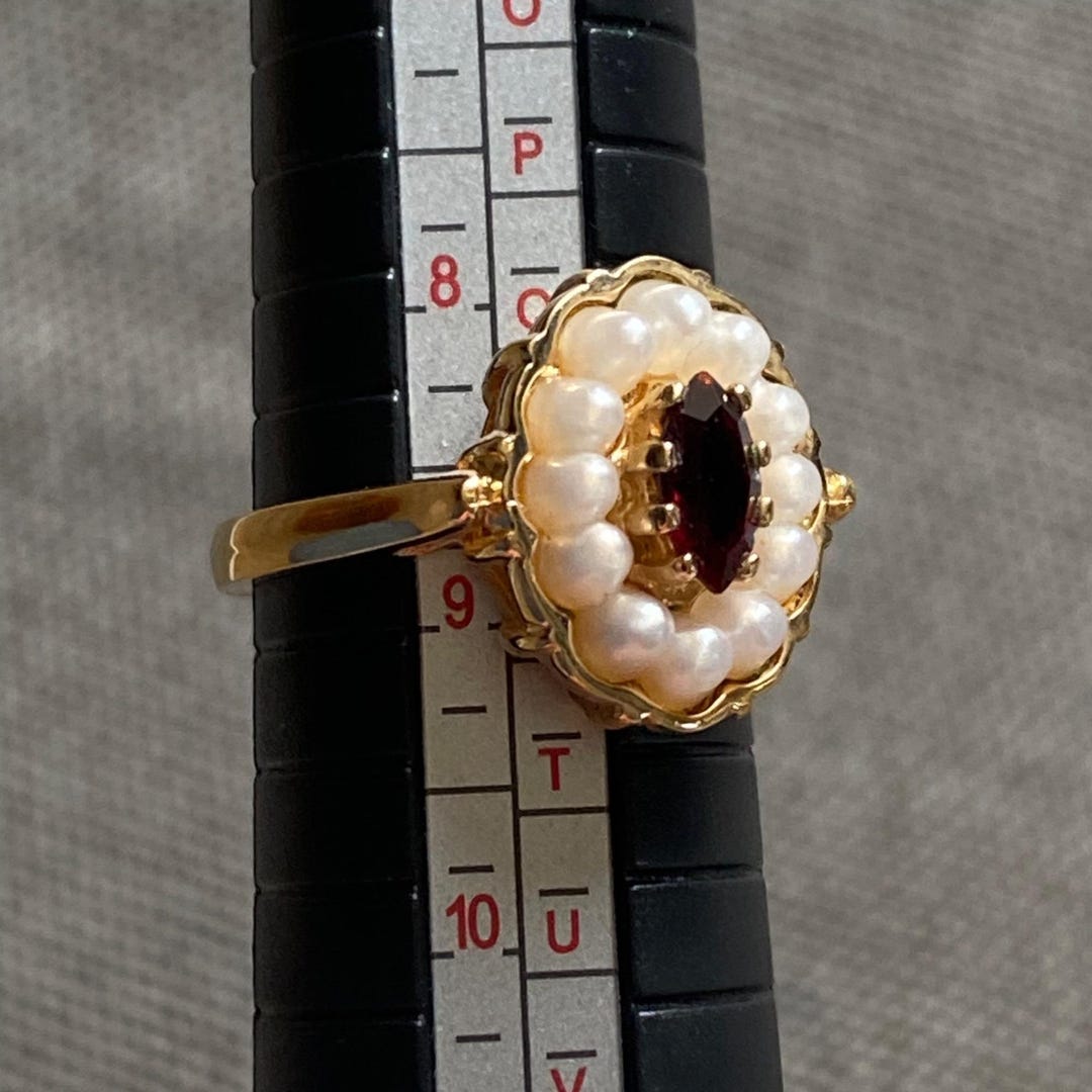 Vintage Avon Gold Tone Red Garnet Rhinestone and Faux Pearl Cluster Ring Size 7 - Etsy