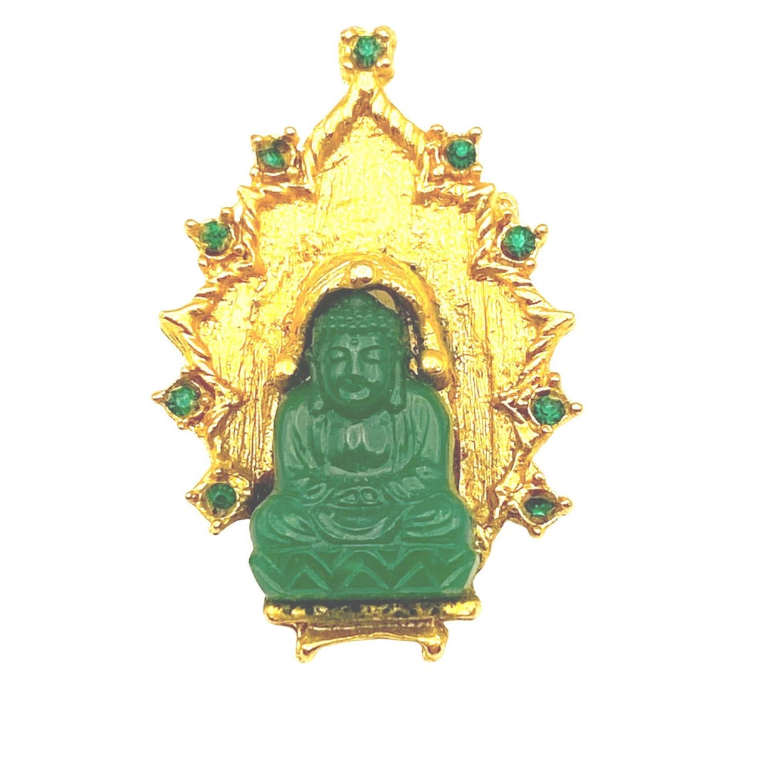 Gold Tone Buddha Pin Green Gemstones Jade Like Vintage Style Accent ...