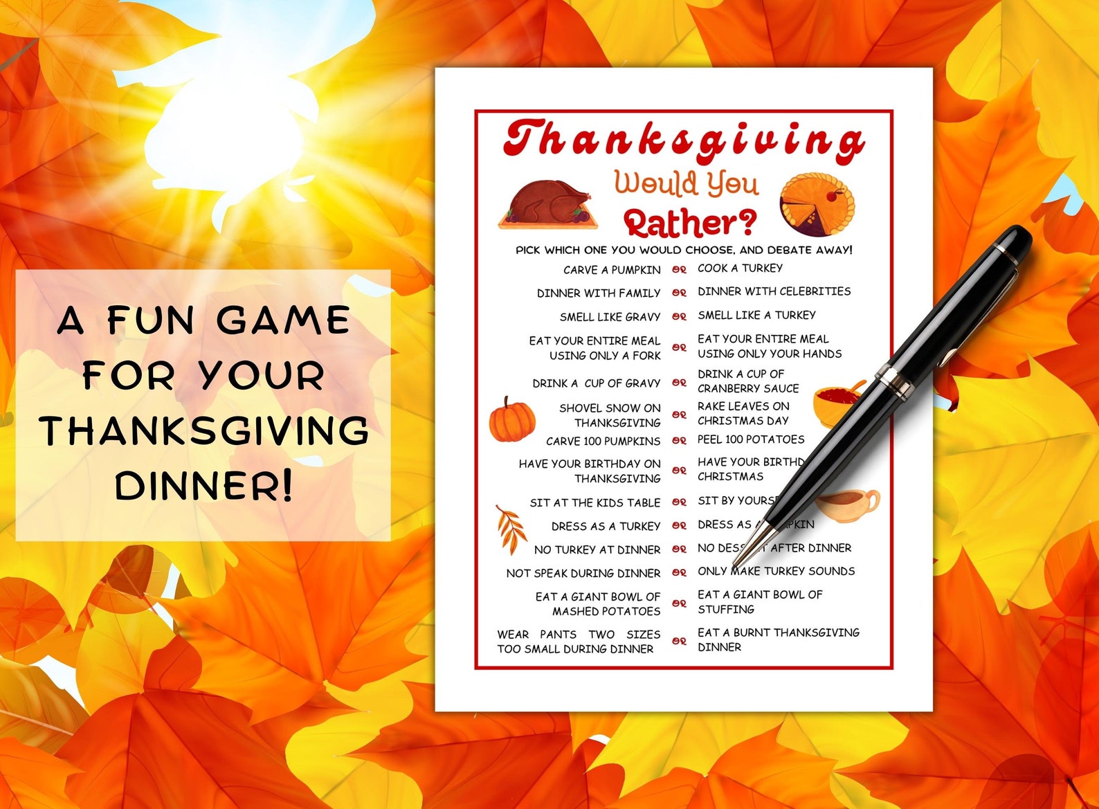 Thanksgiving Would You Rather Game, Thanksgiving Games Printable ...