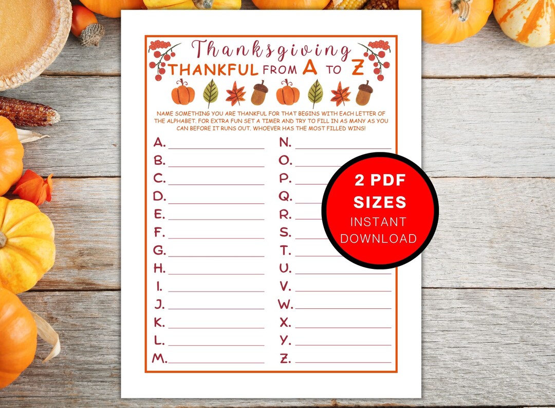 Thankful A to Z Thanksgiving Gratitude Game, I Am Thankful for ...