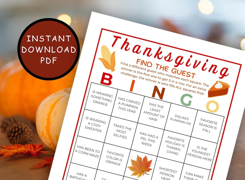 Friendsgiving Bingo Game Printable, Thanksgiving Find the Guest Game ...