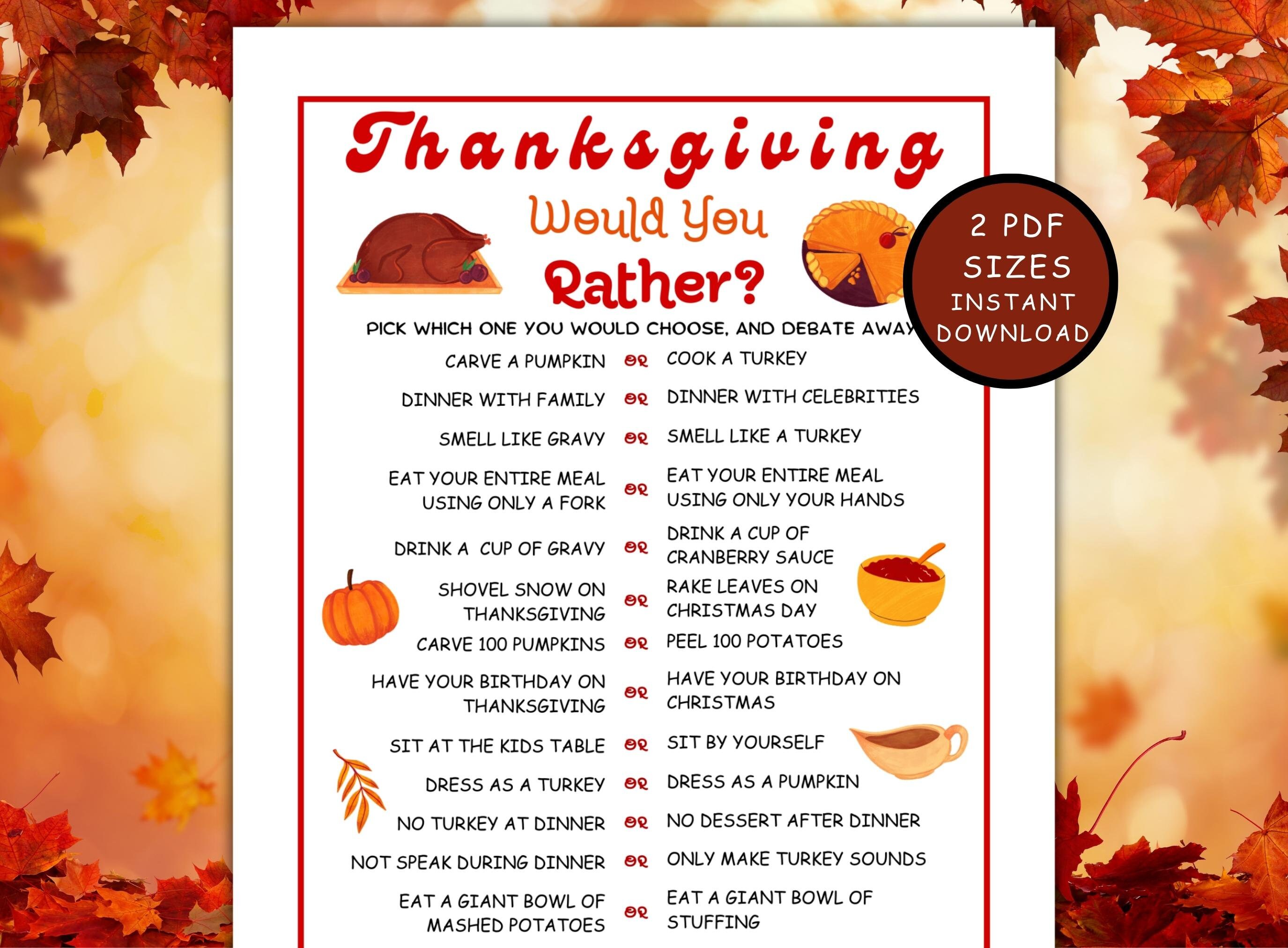 Thanksgiving Would You Rather Game, Thanksgiving Games Printable ...