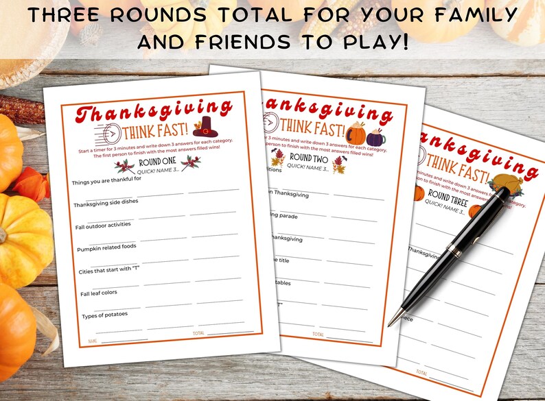 Thanksgiving Think Fast Game Printable, Friendsgiving Games, Trivia ...