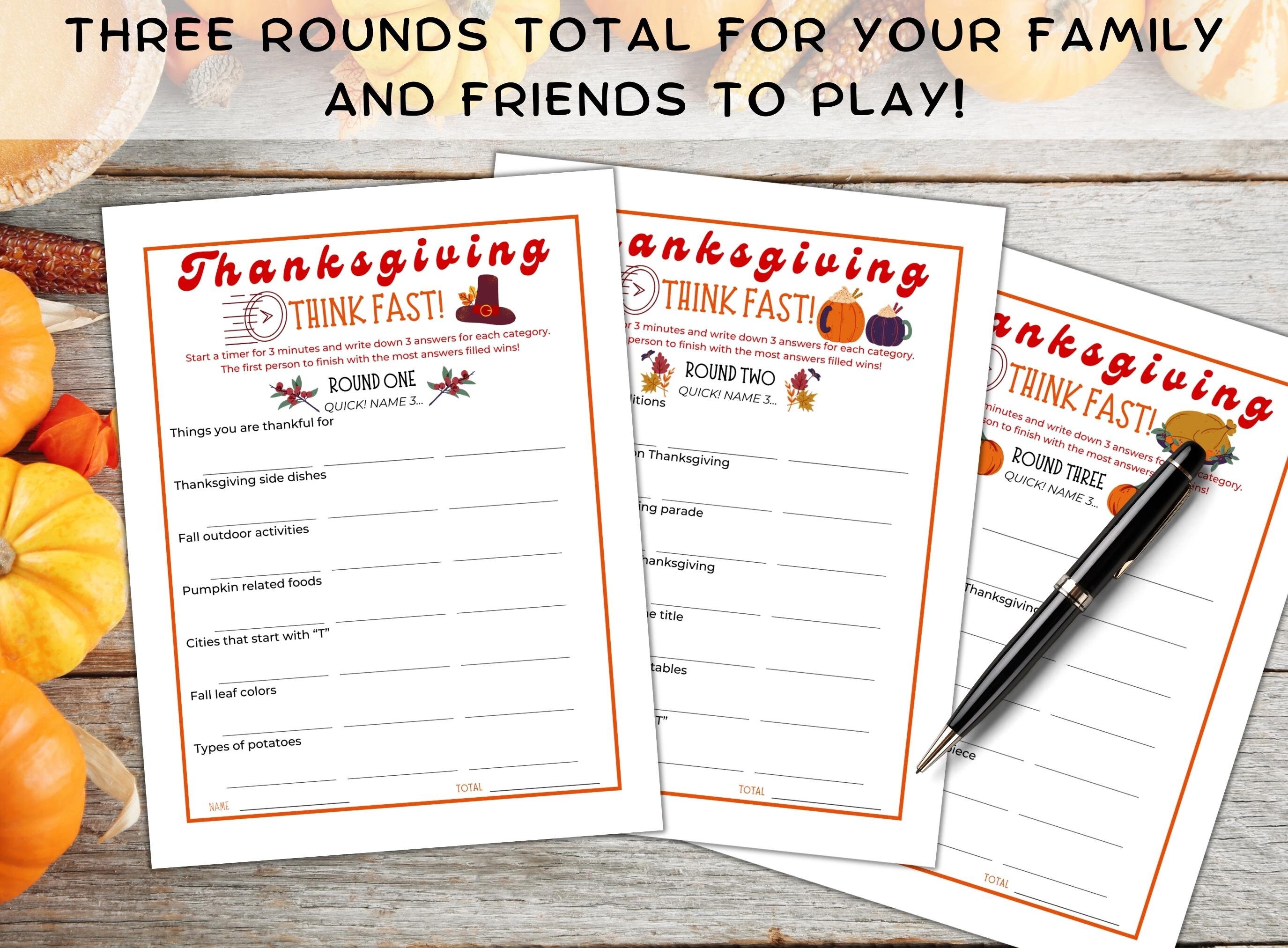 Thanksgiving Think Fast Game Printable, Friendsgiving Games, Trivia ...