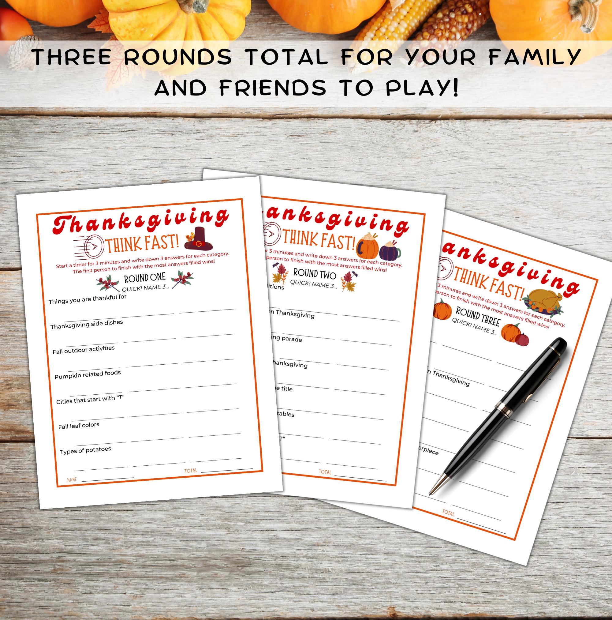 Thanksgiving Think Fast Game Printable, Friendsgiving Games, Trivia ...