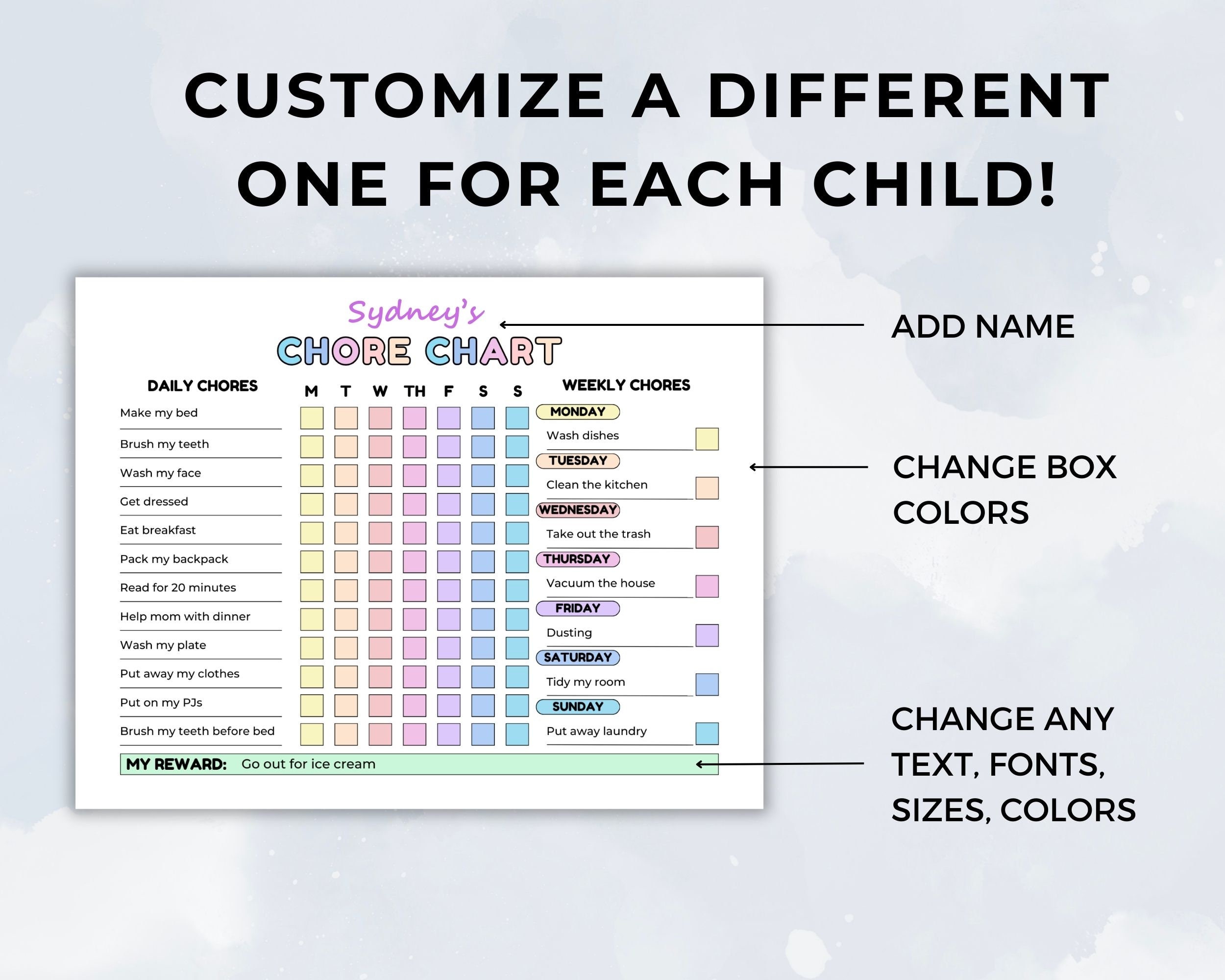 Editable Chore Chart for Kids, Printable Kids Chore Chart, Daily ...