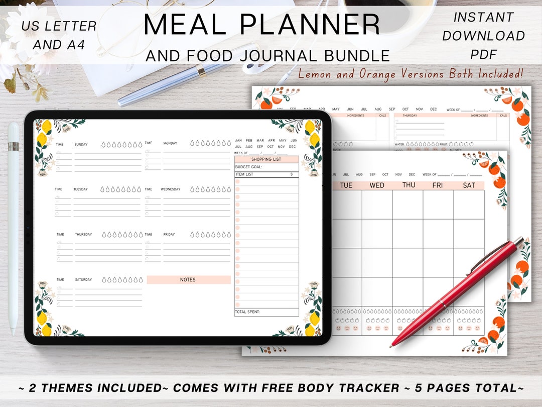Meal Planner Printable, Digital Recipe Book, Daily Food Journal, Weekly ...