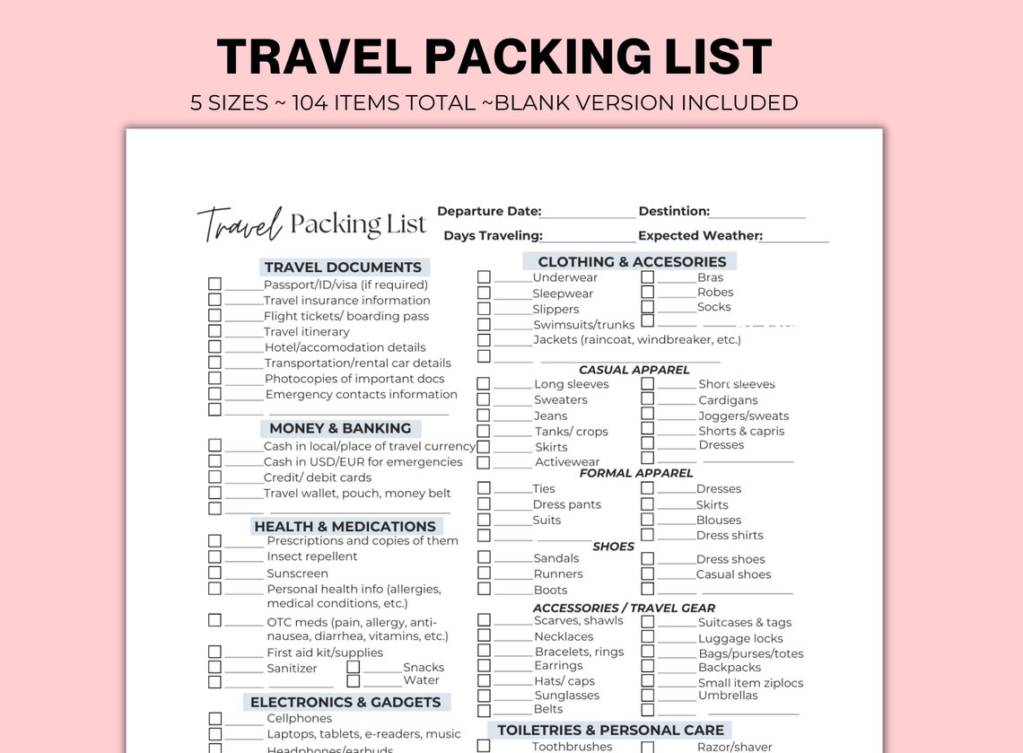 Travel Essentials Packing List, Vacation Checklist, Packing List ...
