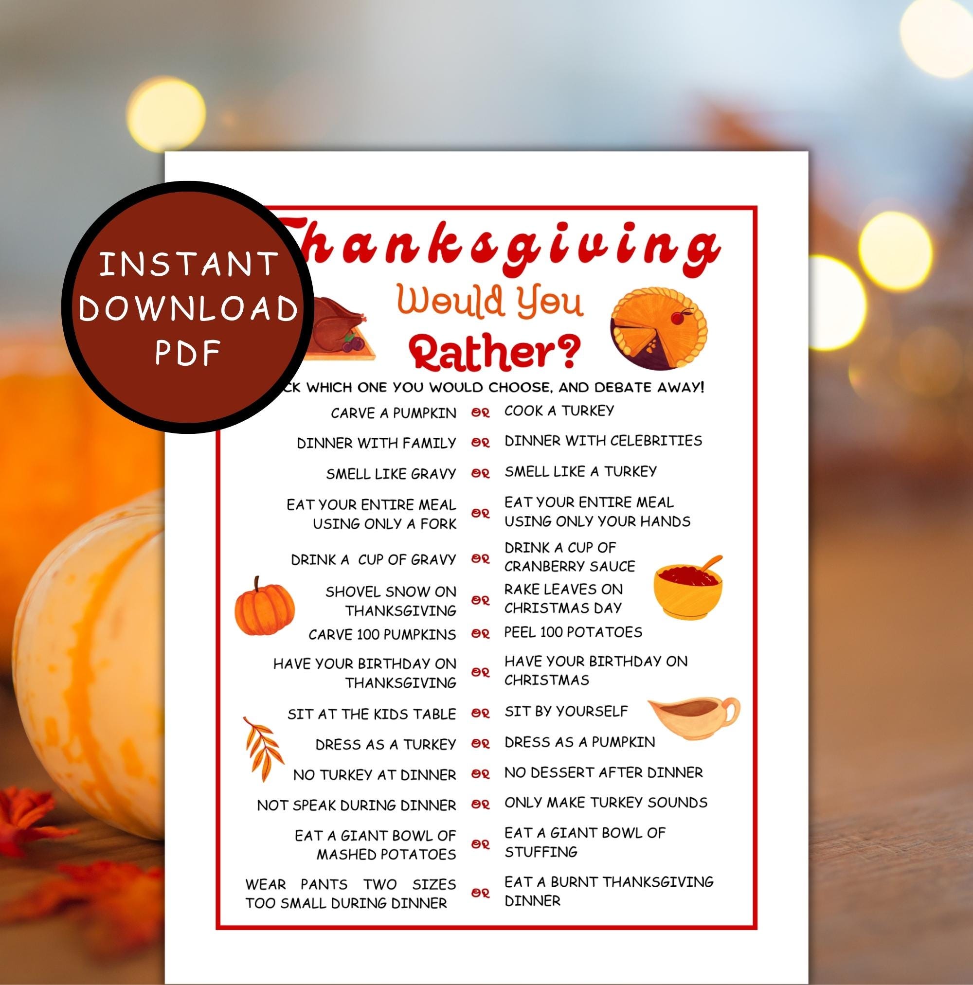 Thanksgiving Would You Rather Game, Thanksgiving Games Printable ...