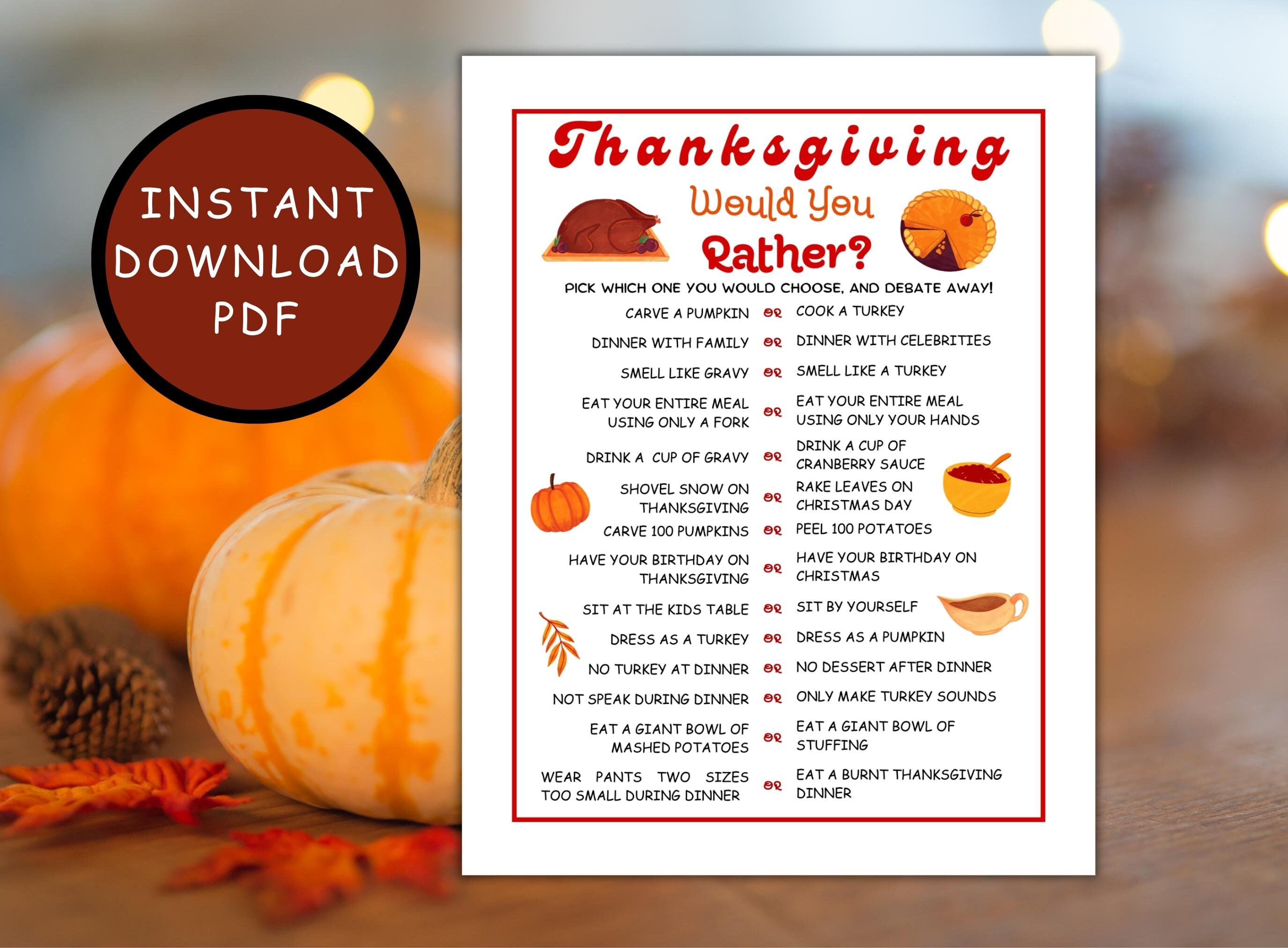 Thanksgiving Would You Rather Game, Thanksgiving Games Printable ...