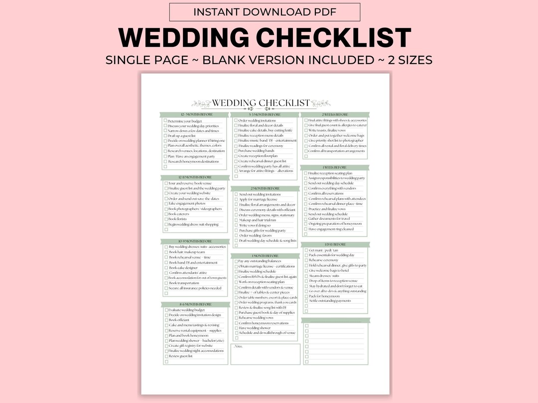12 Month Wedding Checklist Printable Template, Wedding Planning Guide ...