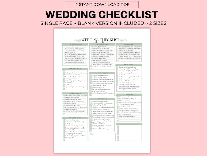 12 Month Wedding Checklist Printable Template, Wedding Planning Guide ...