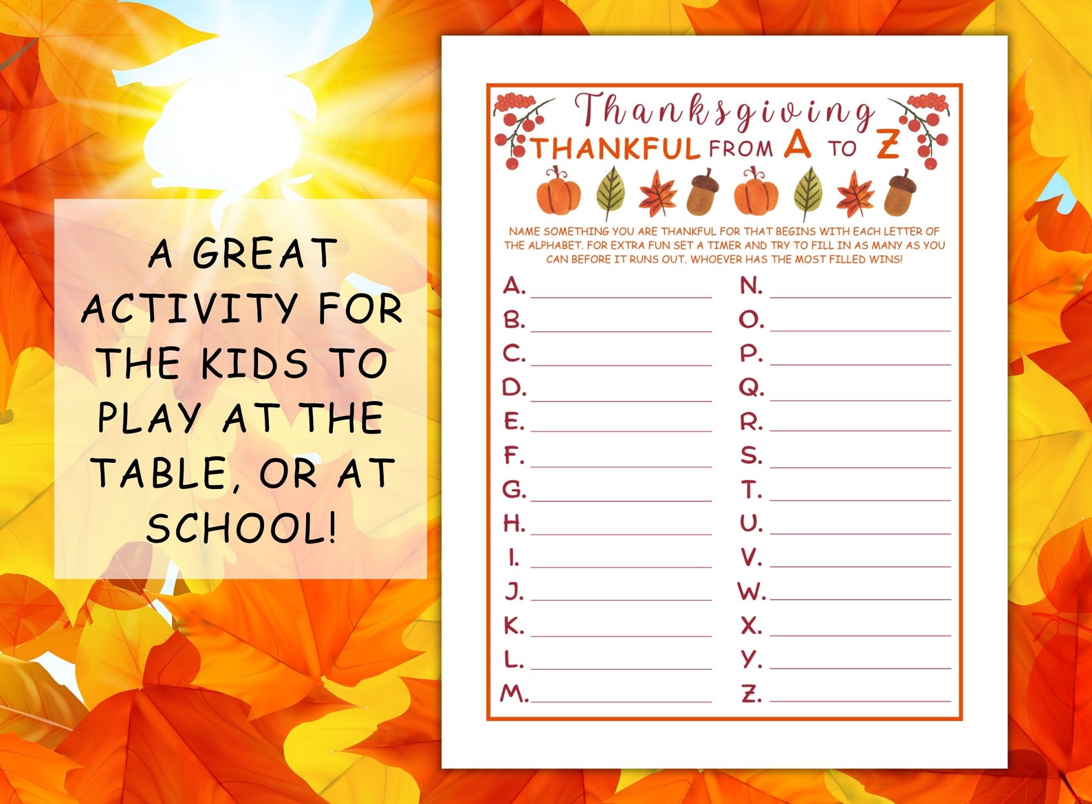 Thankful A to Z Thanksgiving Gratitude Game, I Am Thankful for ...
