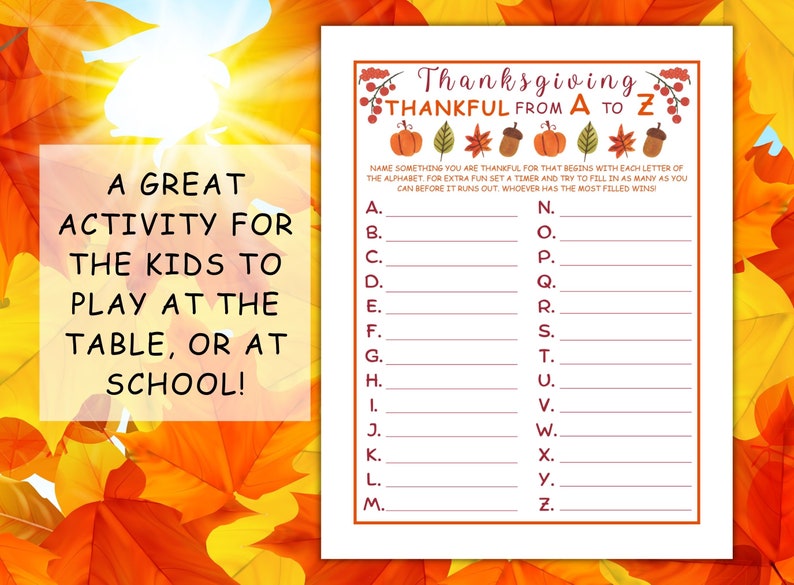 Thankful A to Z Thanksgiving Gratitude Game, I Am Thankful for ...