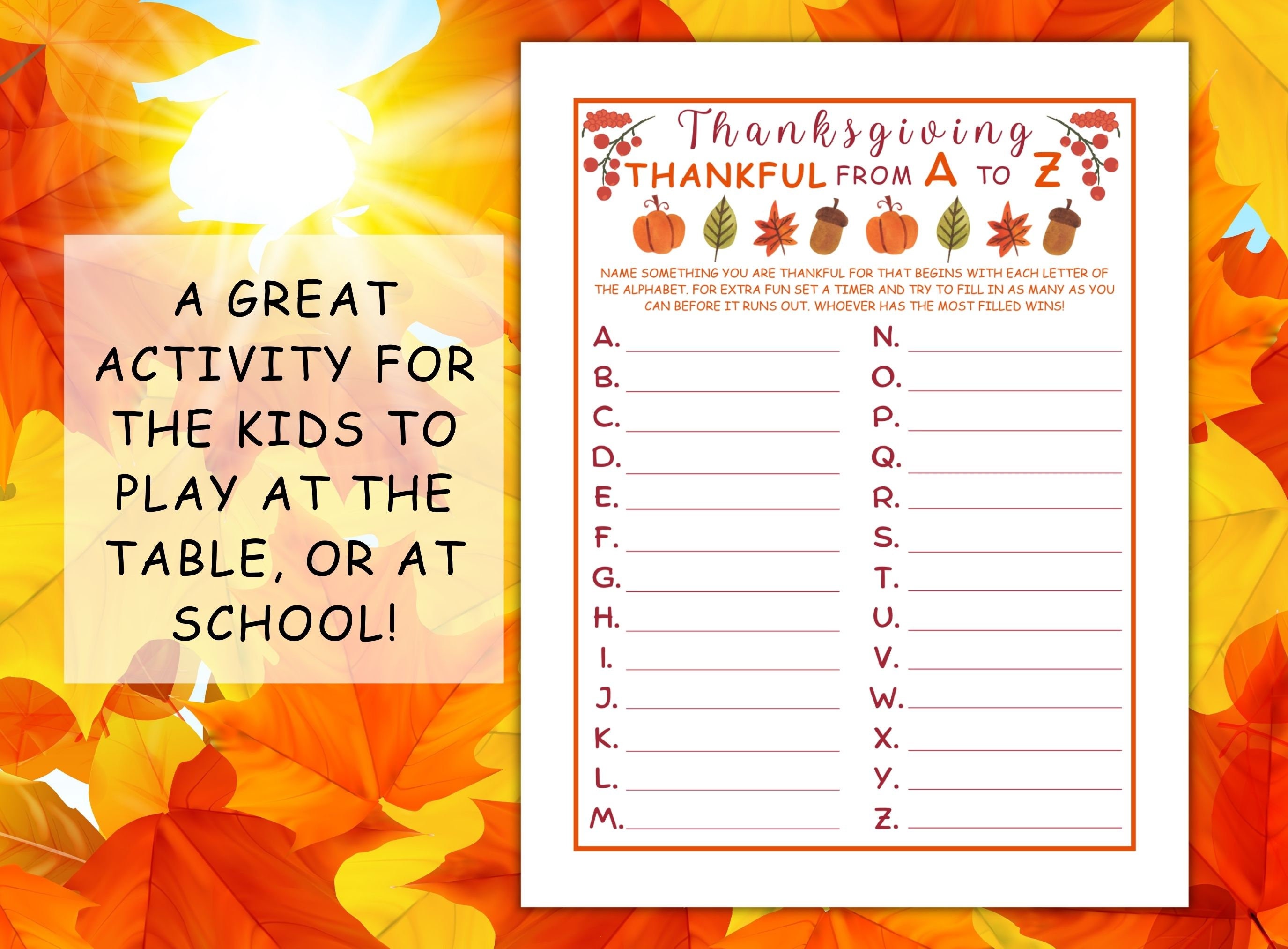 Thankful A to Z Thanksgiving Gratitude Game, I Am Thankful for ...