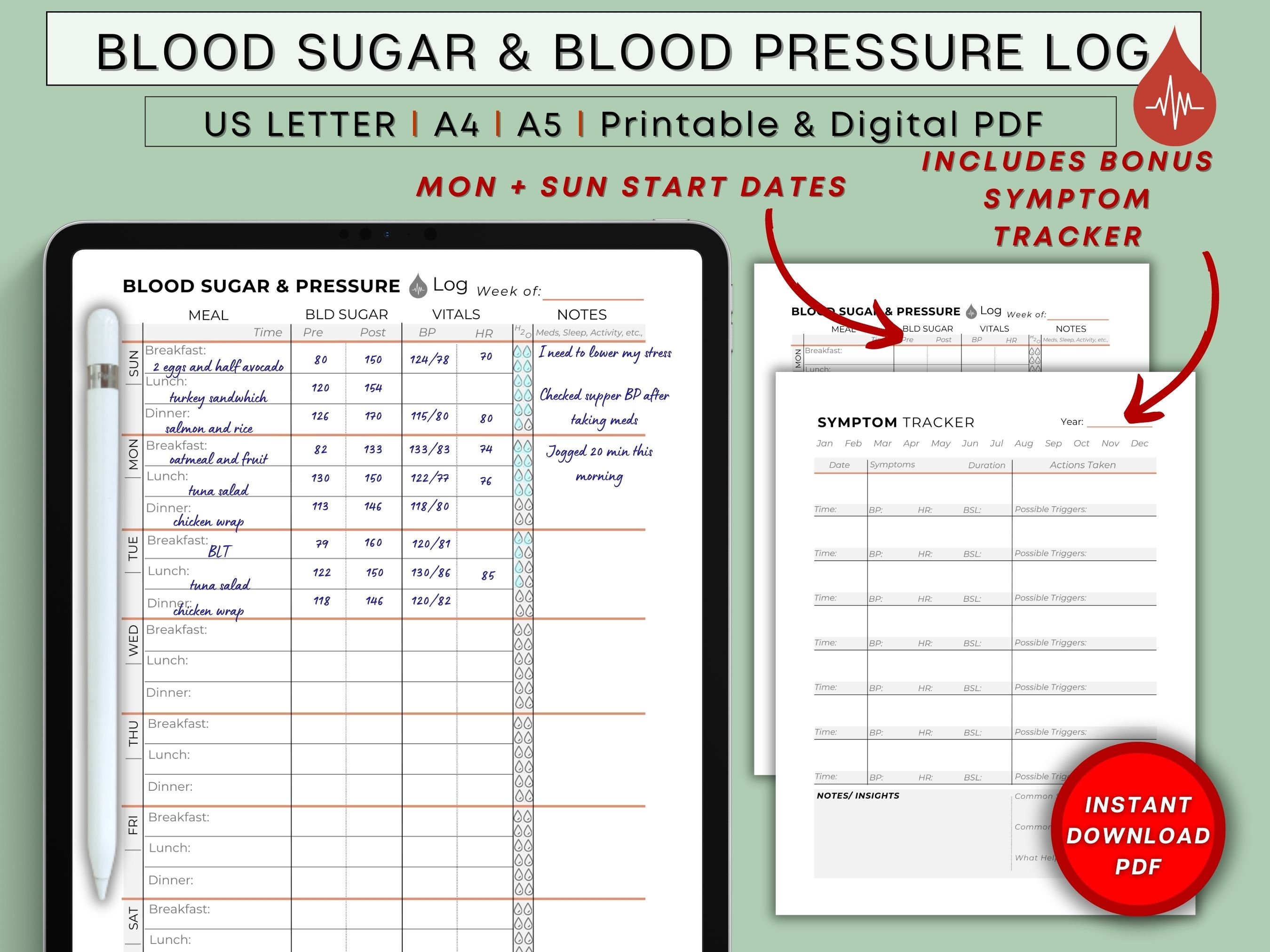 Blood Sugar Log, Blood Pressure Chart, Blood Sugar Tracker, Type 1 2 ...