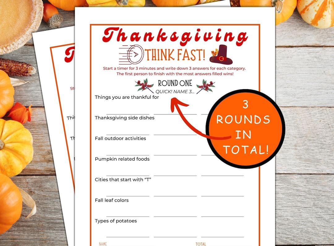 Thanksgiving Think Fast Game Printable, Friendsgiving Games, Trivia ...