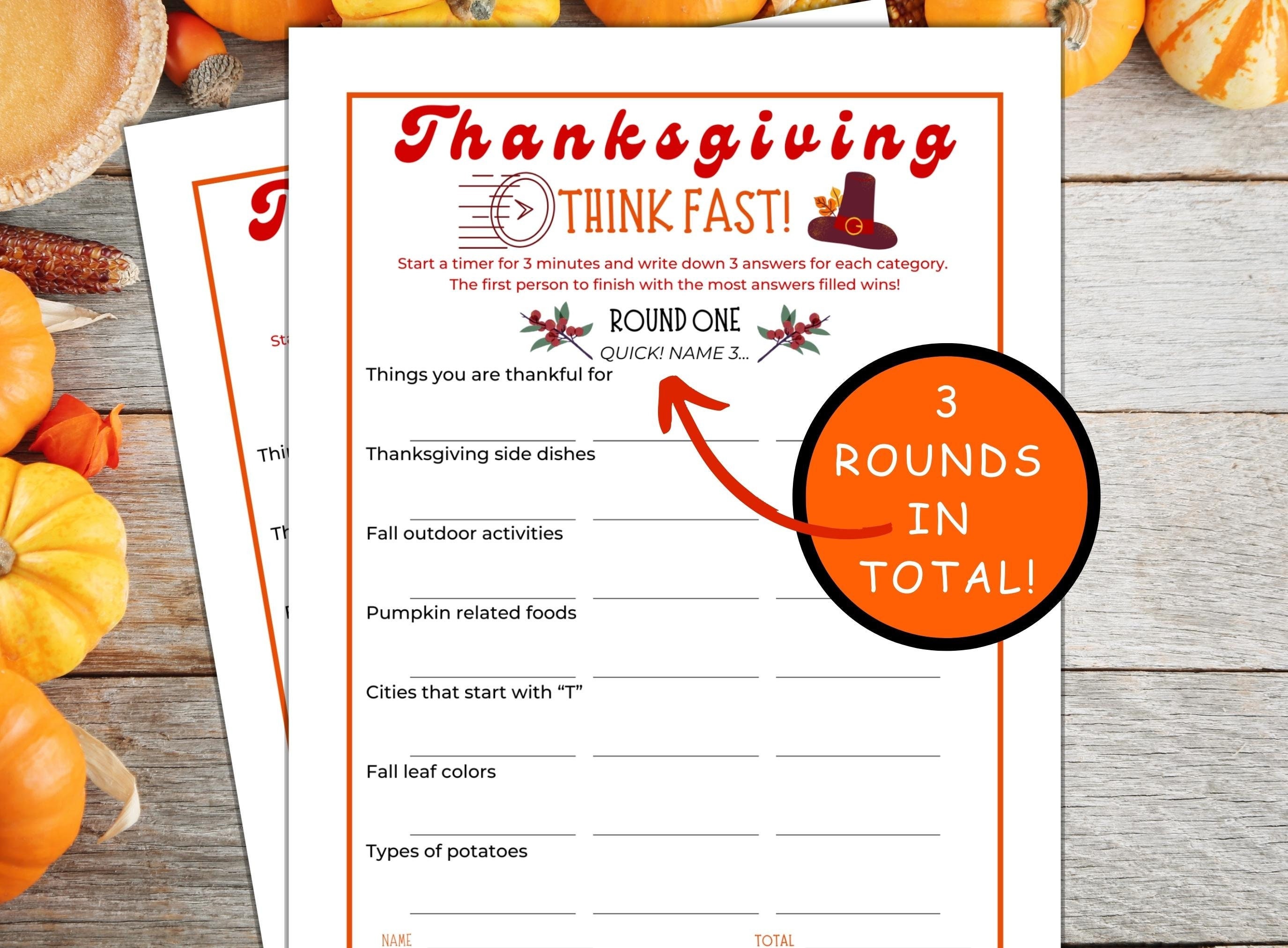 Thanksgiving Think Fast Game Printable, Friendsgiving Games, Trivia ...