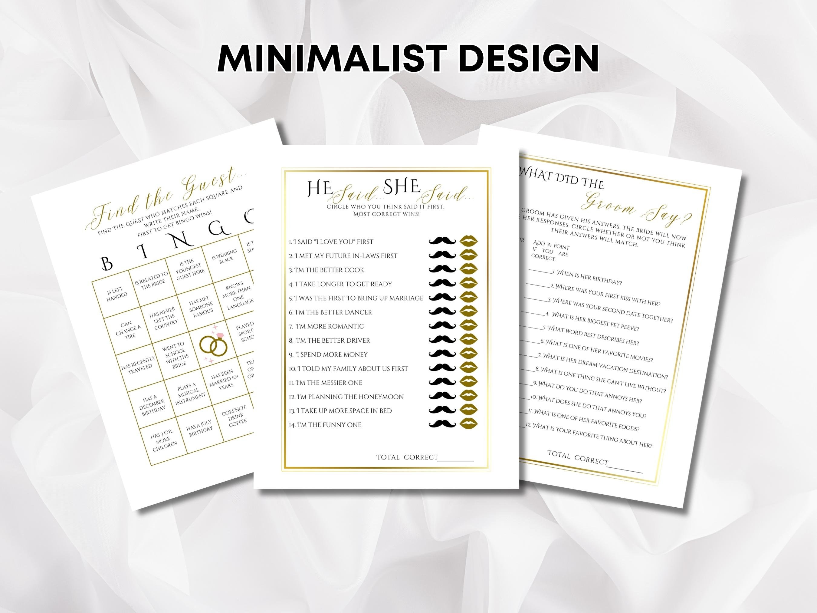 Minimalist Bridal Shower Games Bundle, Printable Wedding Table Games ...
