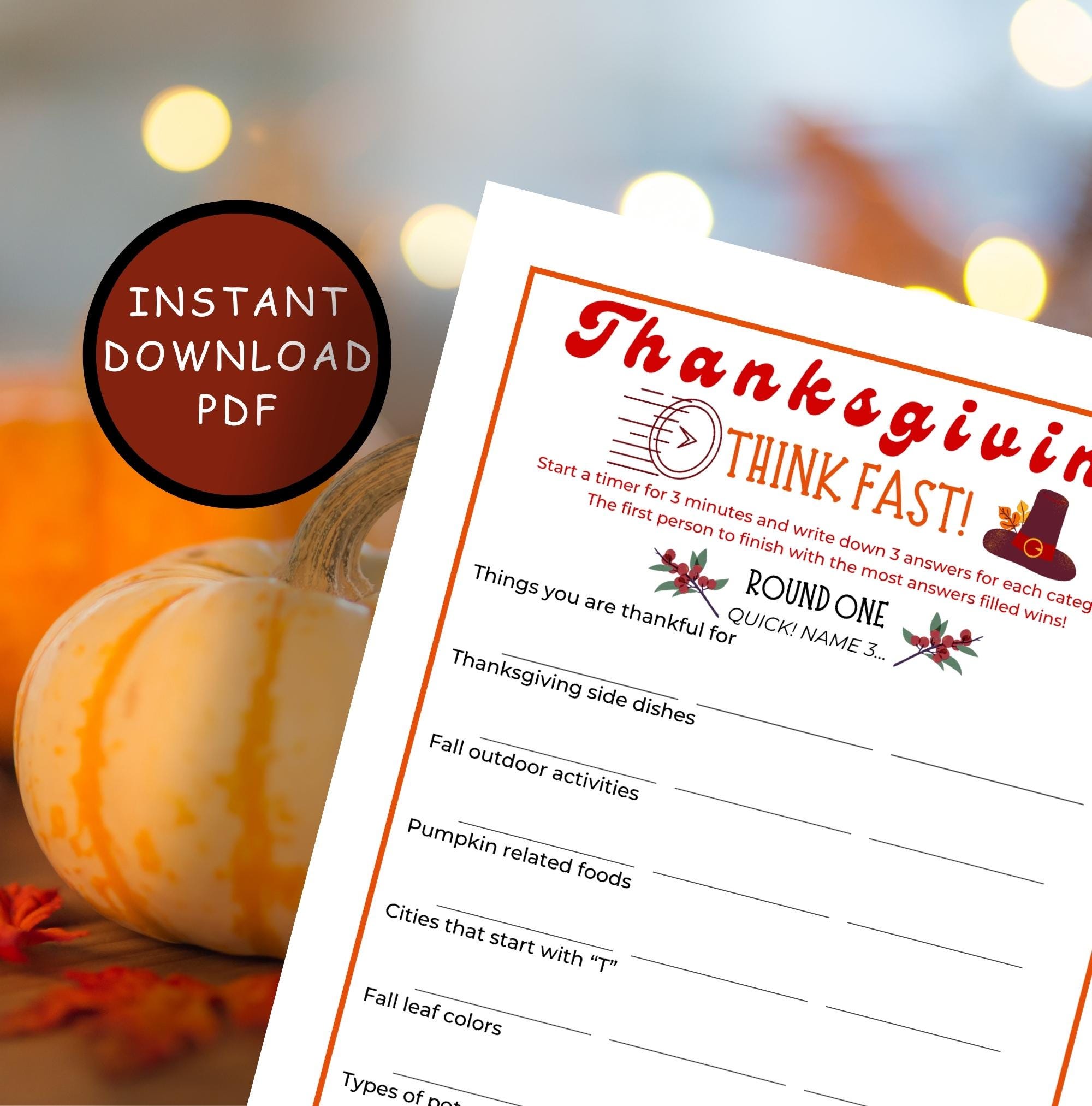 Thanksgiving Think Fast Game Printable, Friendsgiving Games, Trivia ...