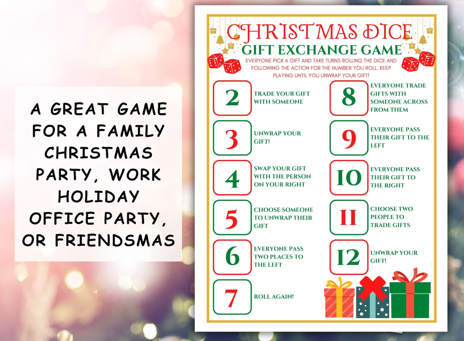 Christmas Gift Exchange Dice Game, Roll the Dice Holiday Gift Swap ...