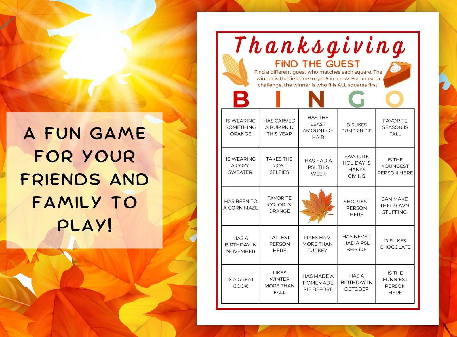 Friendsgiving Bingo Game Printable, Thanksgiving Find the Guest Game ...