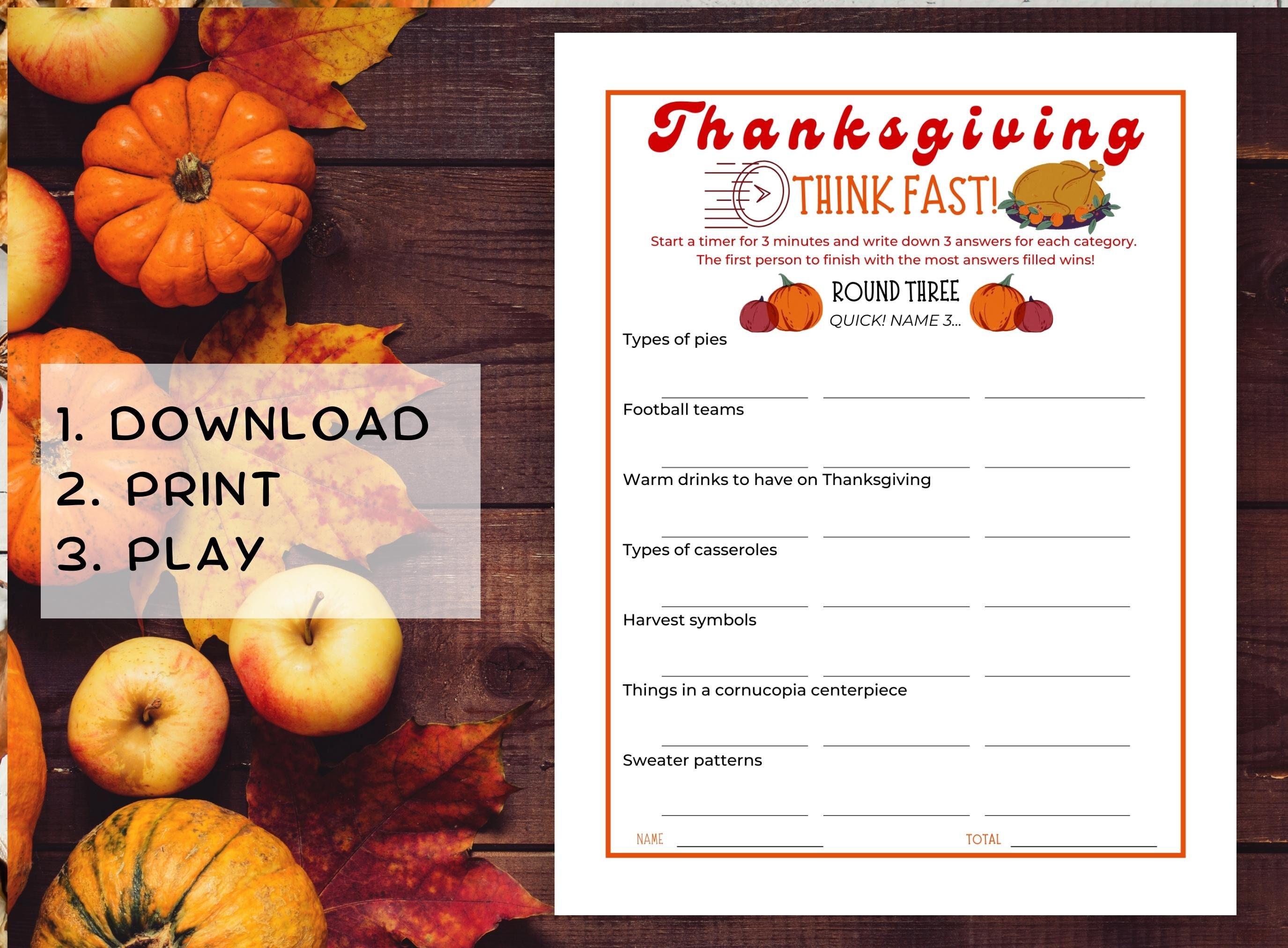 Thanksgiving Think Fast Game Printable, Friendsgiving Games, Trivia ...