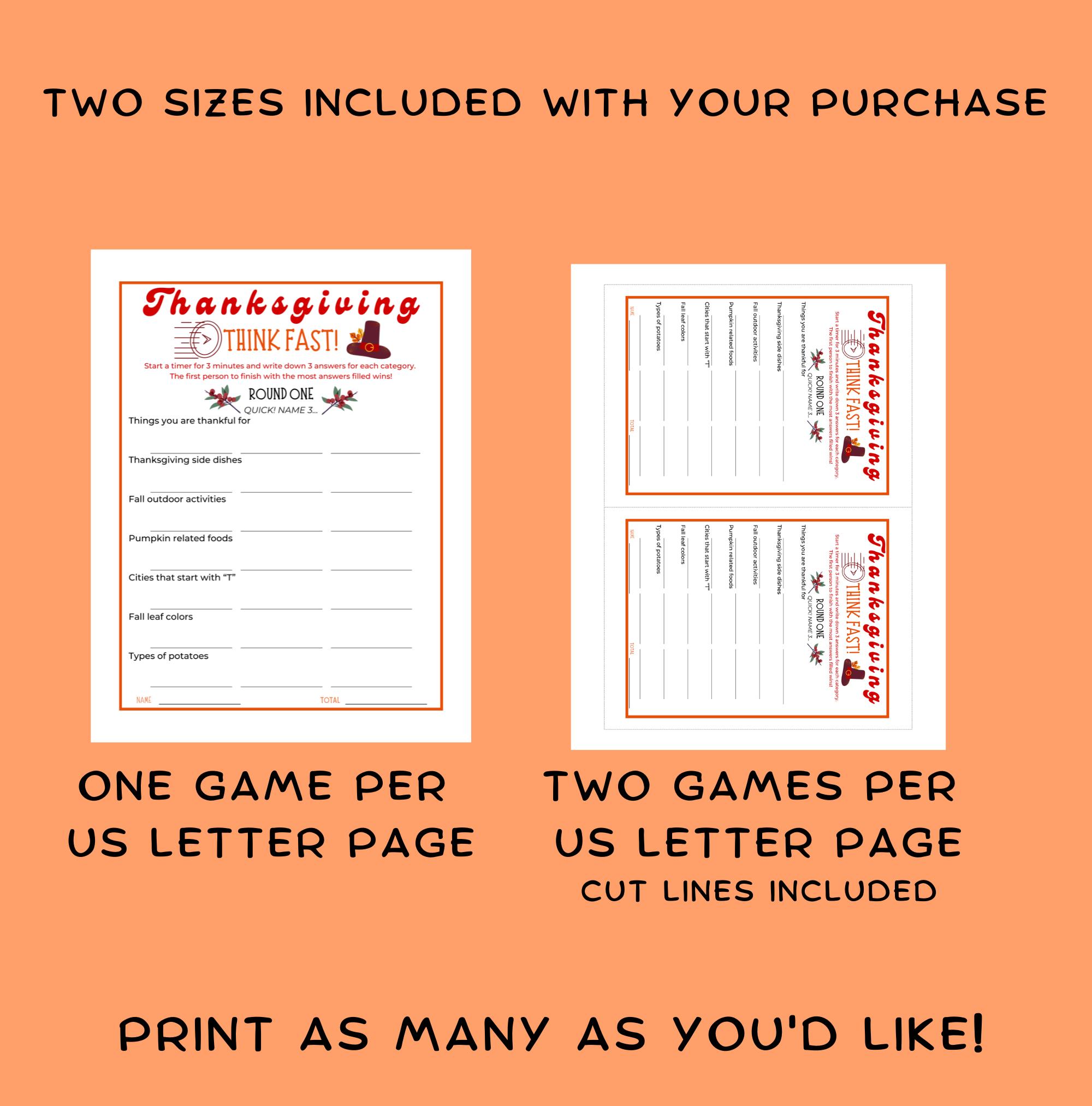 Thanksgiving Think Fast Game Printable, Friendsgiving Games, Trivia ...