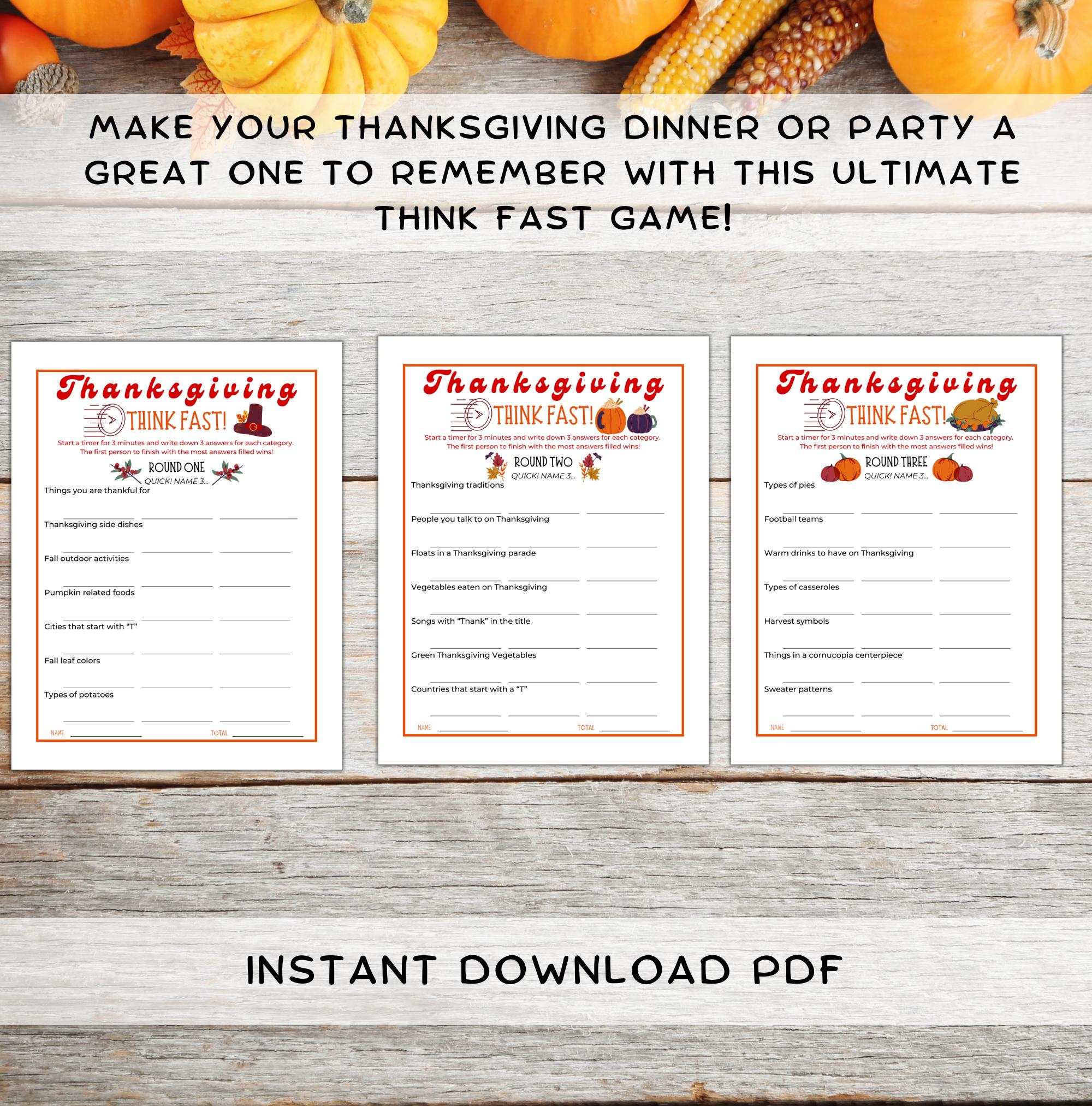 Thanksgiving Think Fast Game Printable, Friendsgiving Games, Trivia ...