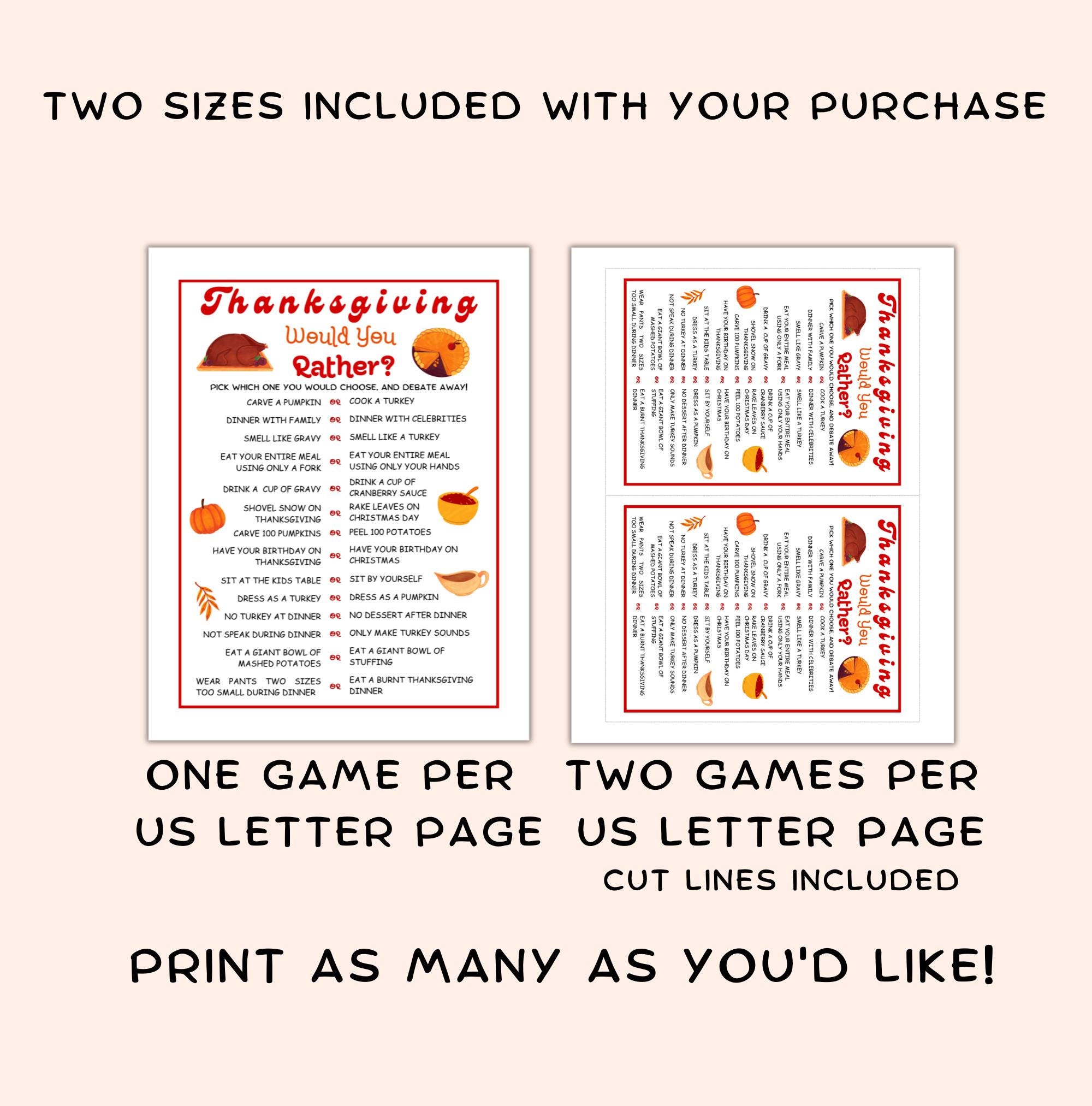 Thanksgiving Would You Rather Game, Thanksgiving Games Printable ...
