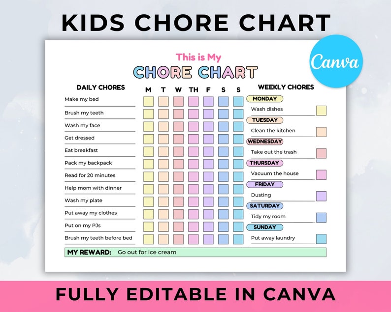 Editable Chore Chart for Kids, Printable Kids Chore Chart, Daily ...