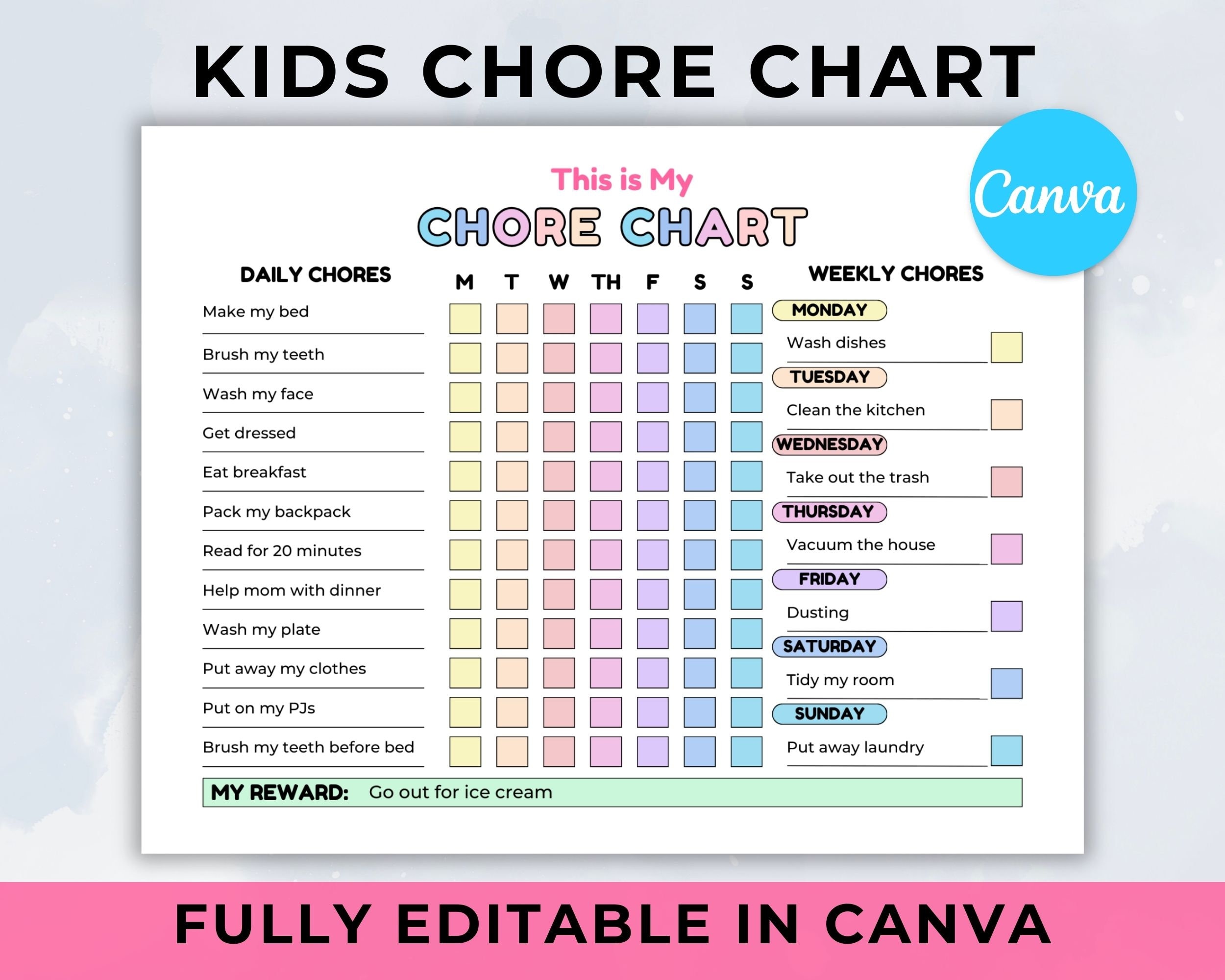 Editable Chore Chart for Kids, Printable Kids Chore Chart, Daily ...