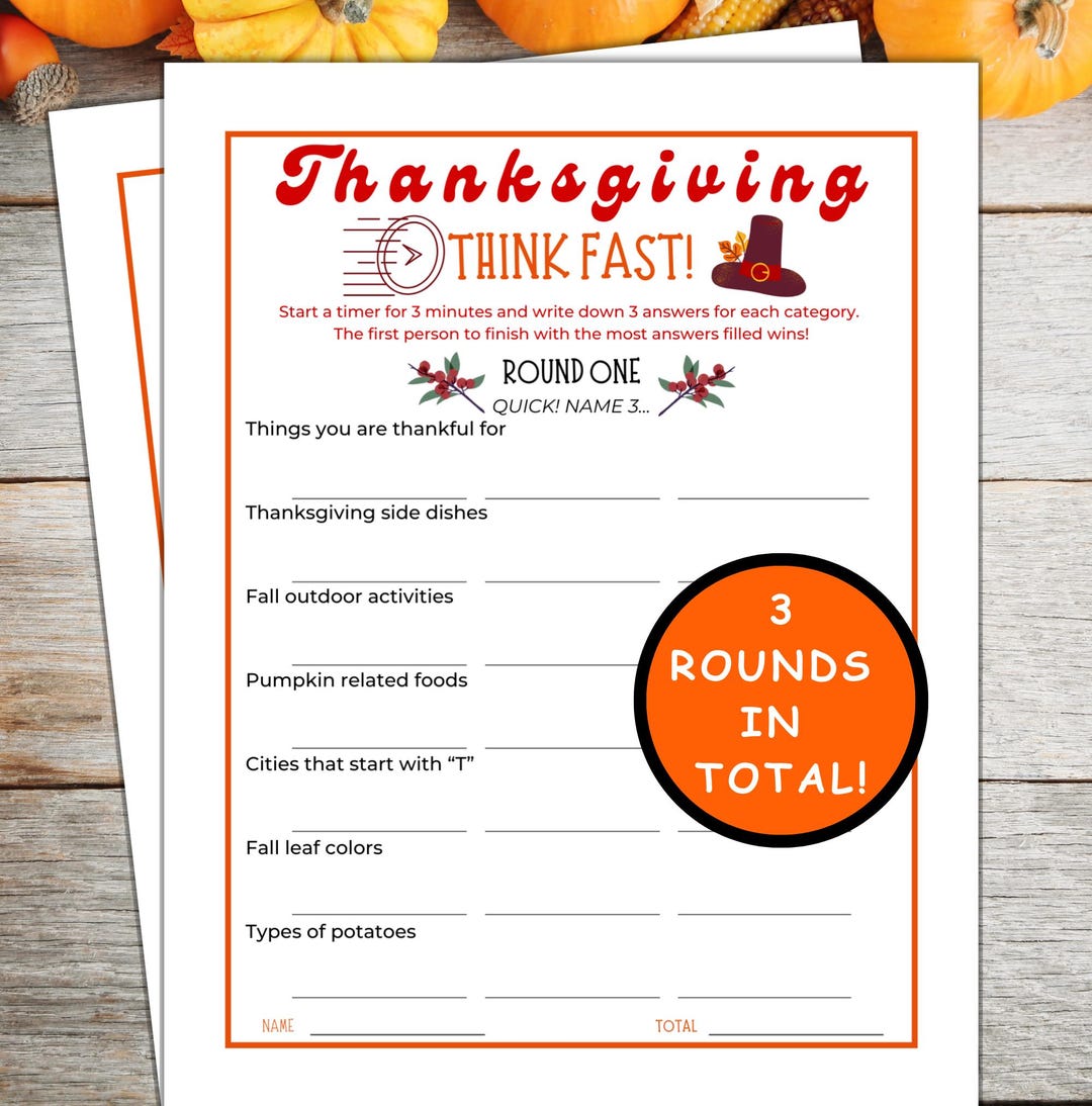 Thanksgiving Think Fast Game Printable, Friendsgiving Games, Trivia ...