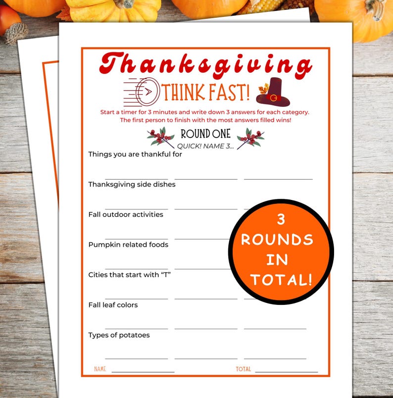 Thanksgiving Think Fast Game Printable, Friendsgiving Games, Trivia ...