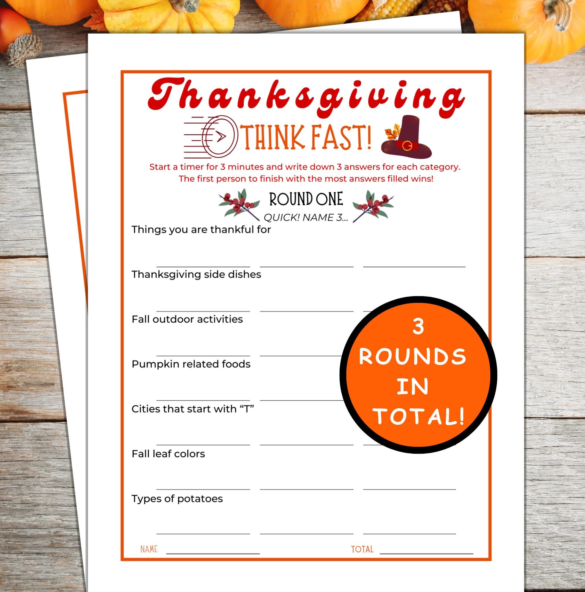 Thanksgiving Think Fast Game Printable, Friendsgiving Games, Trivia ...