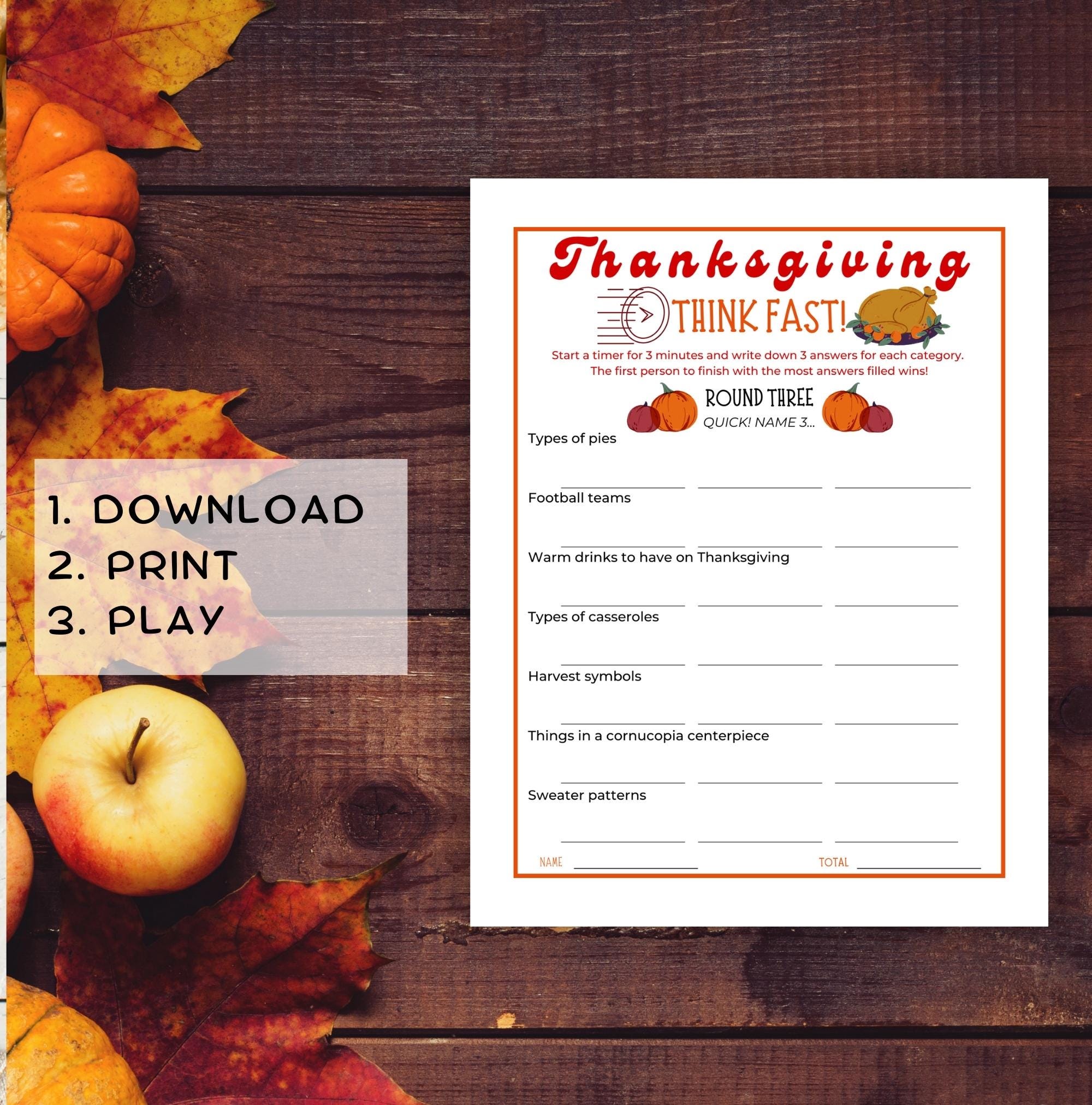 Thanksgiving Think Fast Game Printable, Friendsgiving Games, Trivia ...