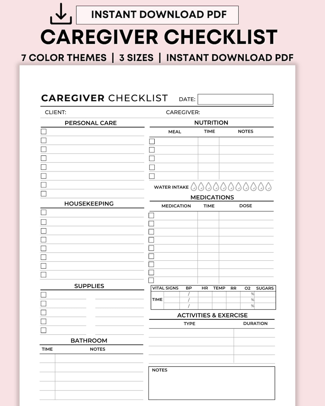 Senior Caregiver Checklist Printable, Caregiver Daily Log, Elderly Care ...