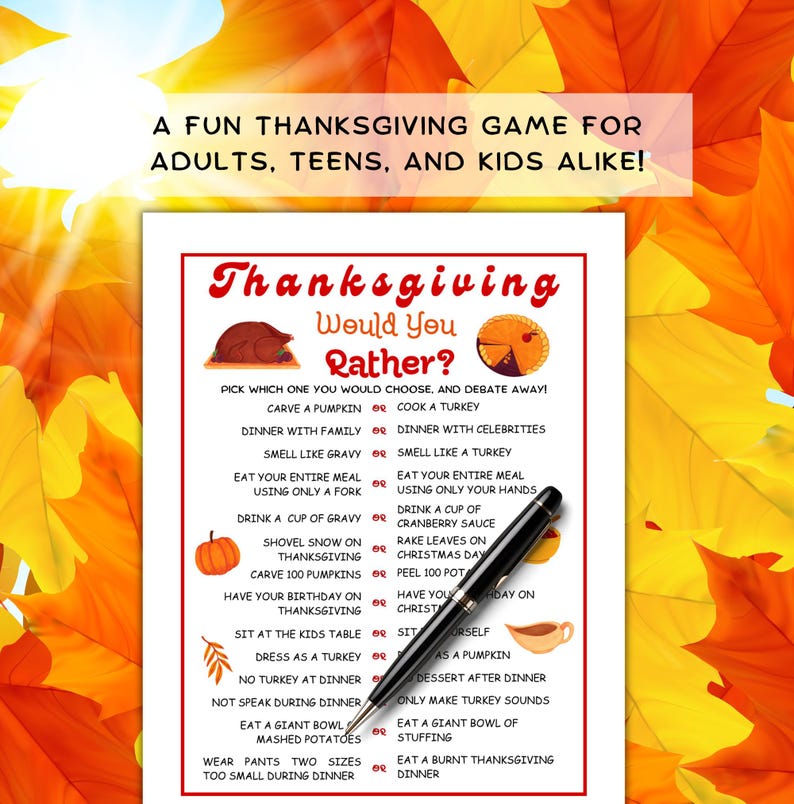 Thanksgiving Would You Rather Game, Thanksgiving Games Printable ...