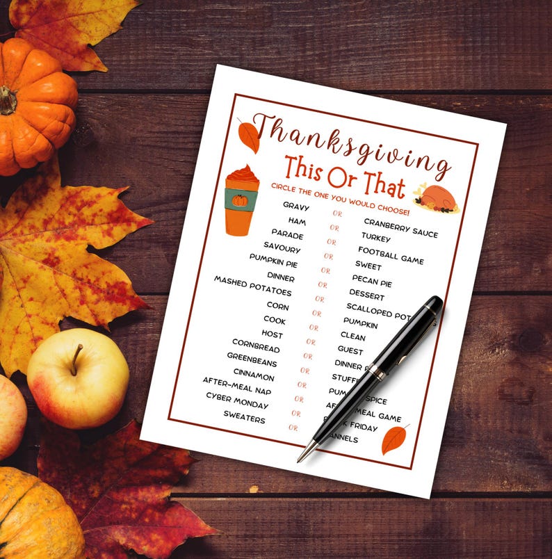 Thanksgiving This or That, Would You Rather Game, Friendsgiving Games ...