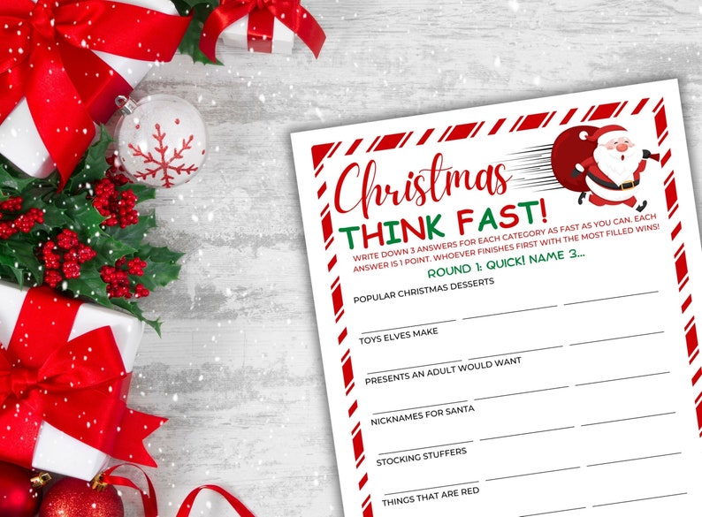 Think Fast Christmas Game, Christmas Trivia, Matching Game, Friendsmas ...