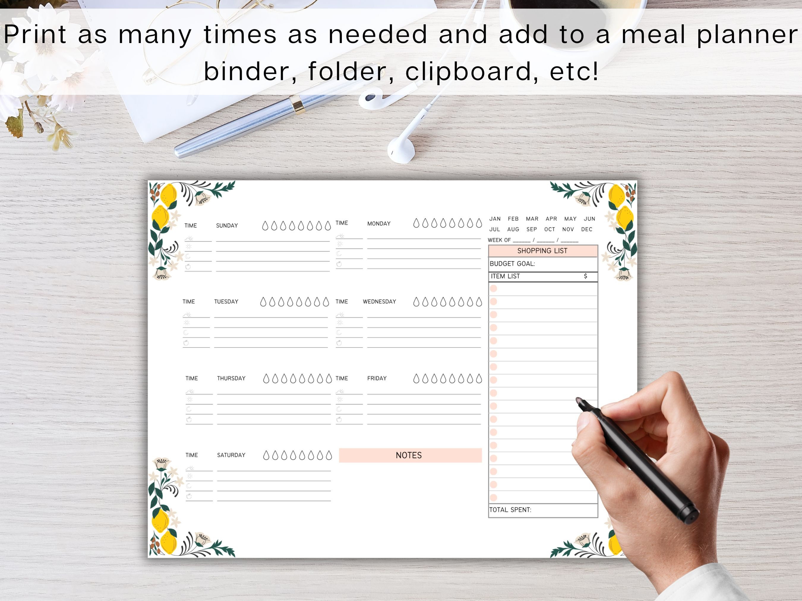 Weekly Meal Planner Printable, Digital Grocery List, Daily Food Journal ...