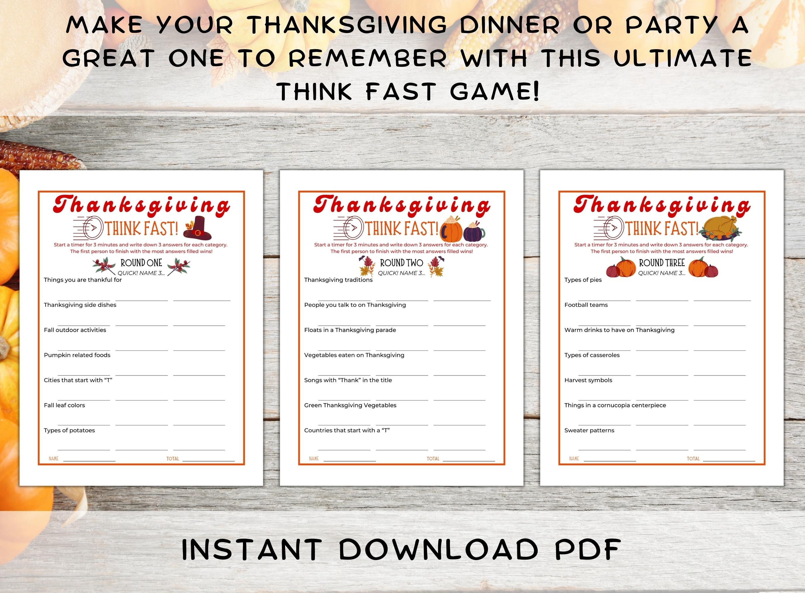 Thanksgiving Think Fast Game Printable, Friendsgiving Games, Trivia ...