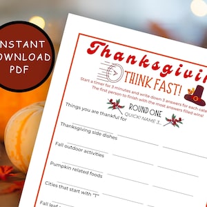 Thanksgiving Think Fast Game Printable, Friendsgiving Games, Trivia ...