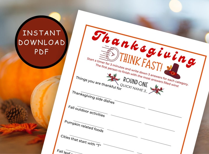 Thanksgiving Think Fast Game Printable, Friendsgiving Games, Trivia ...