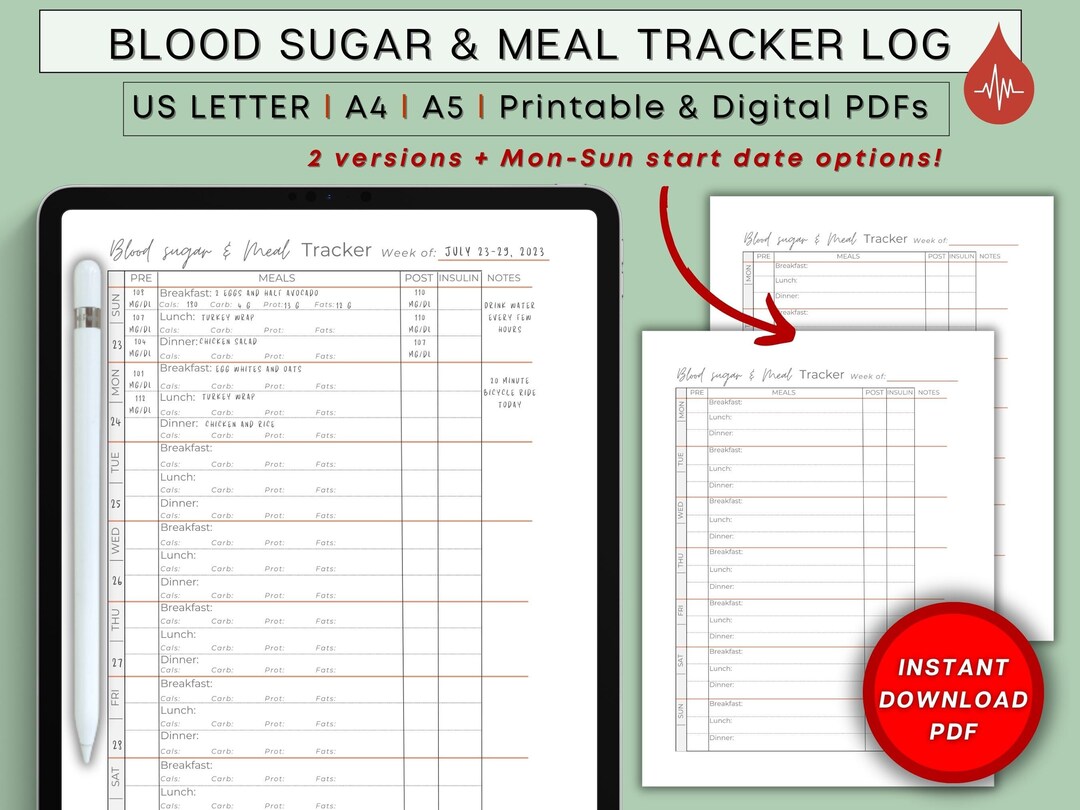 Blood Sugar Log, Diabetic Meal Plan, Blood Sugar Tracker, Diabetic Food ...