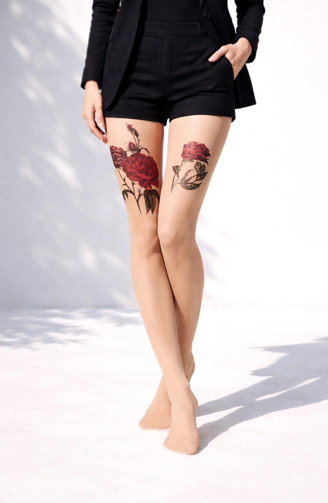 Hand Painted Floral Tattoo Tights – Red Rose Wearable Art Pantyhose ...