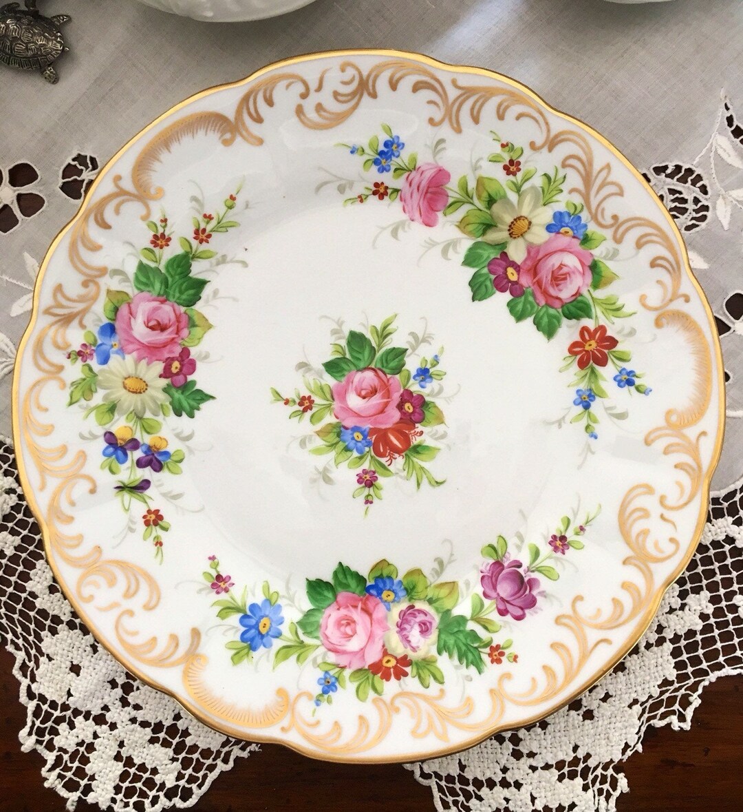 Porcelain Plate With Flowers Golden Gilded - Etsy