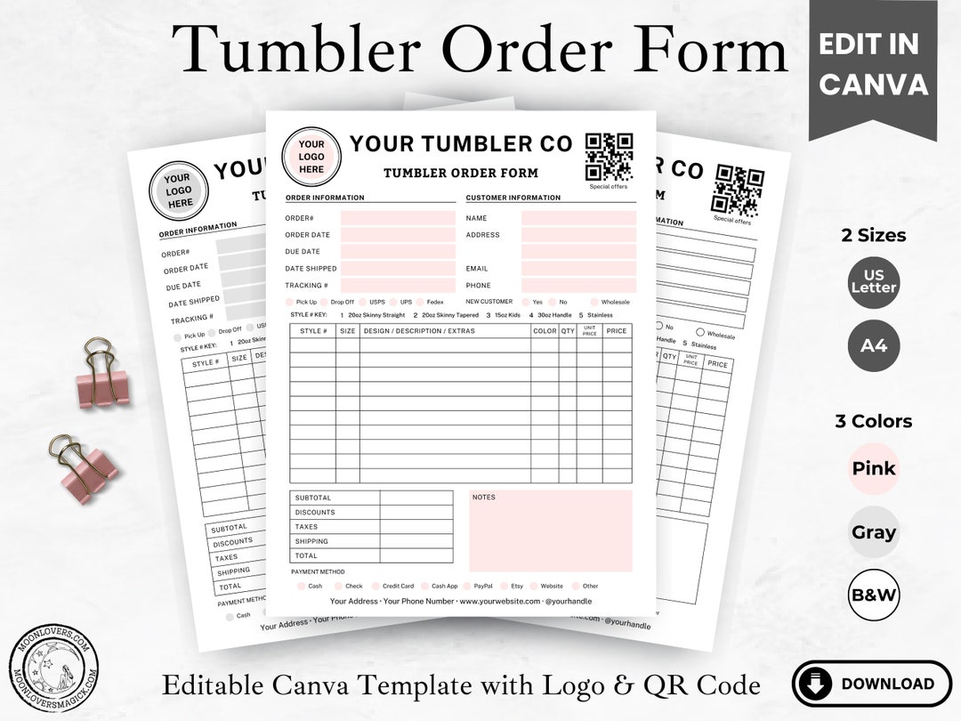 EDITABLE Tumbler Order Form Canva Template, Small Business Order Form ...