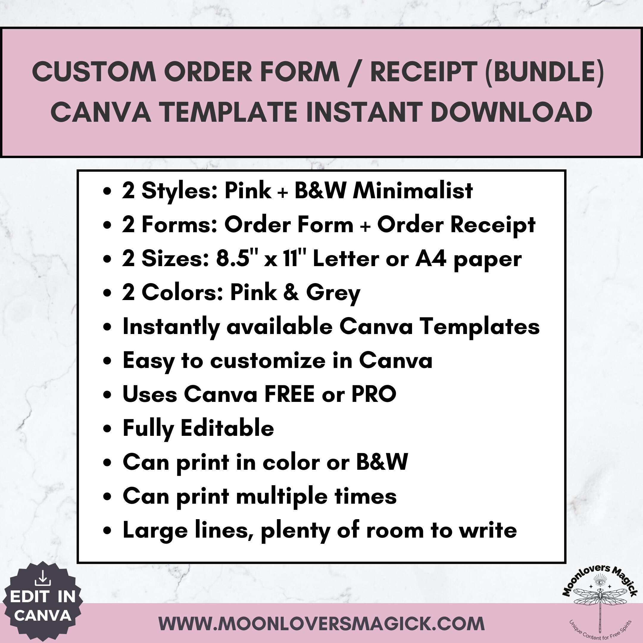 Custom Order Form Template + Order Receipt, Canva Template Bundle ...