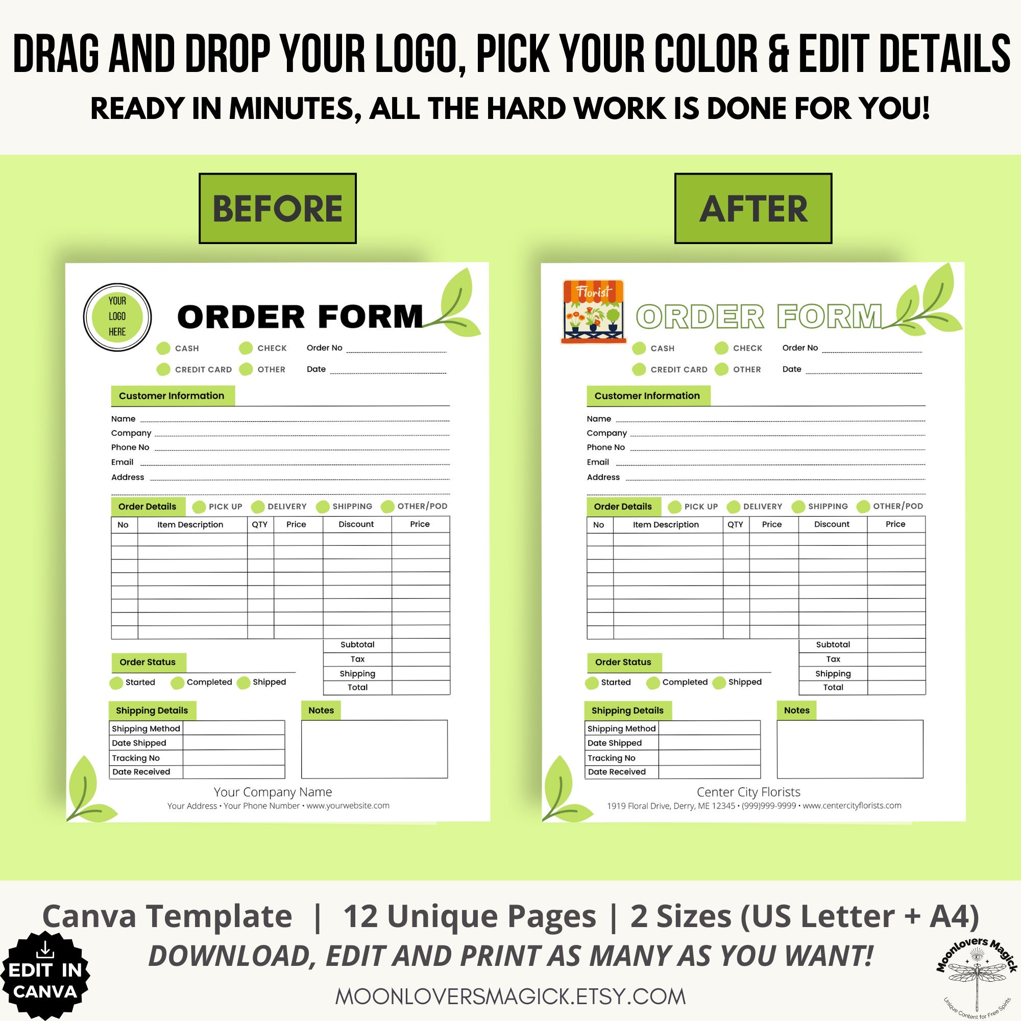 Leafy Custom Order Form Template, Order Tracker, Order Receipt Canva ...